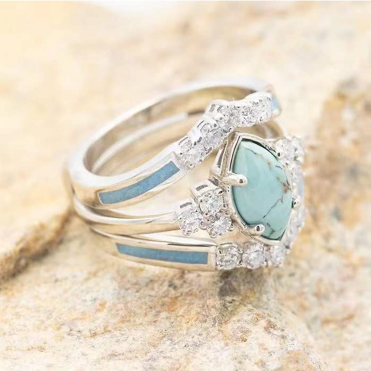 3 PCS Ring Set Natural Turquoise Diamond Rings Turquoise Silver Color Rings for Women Statement Boho Finger RingsTurquoise Jewelry Sparkling Natural Gemstone-7