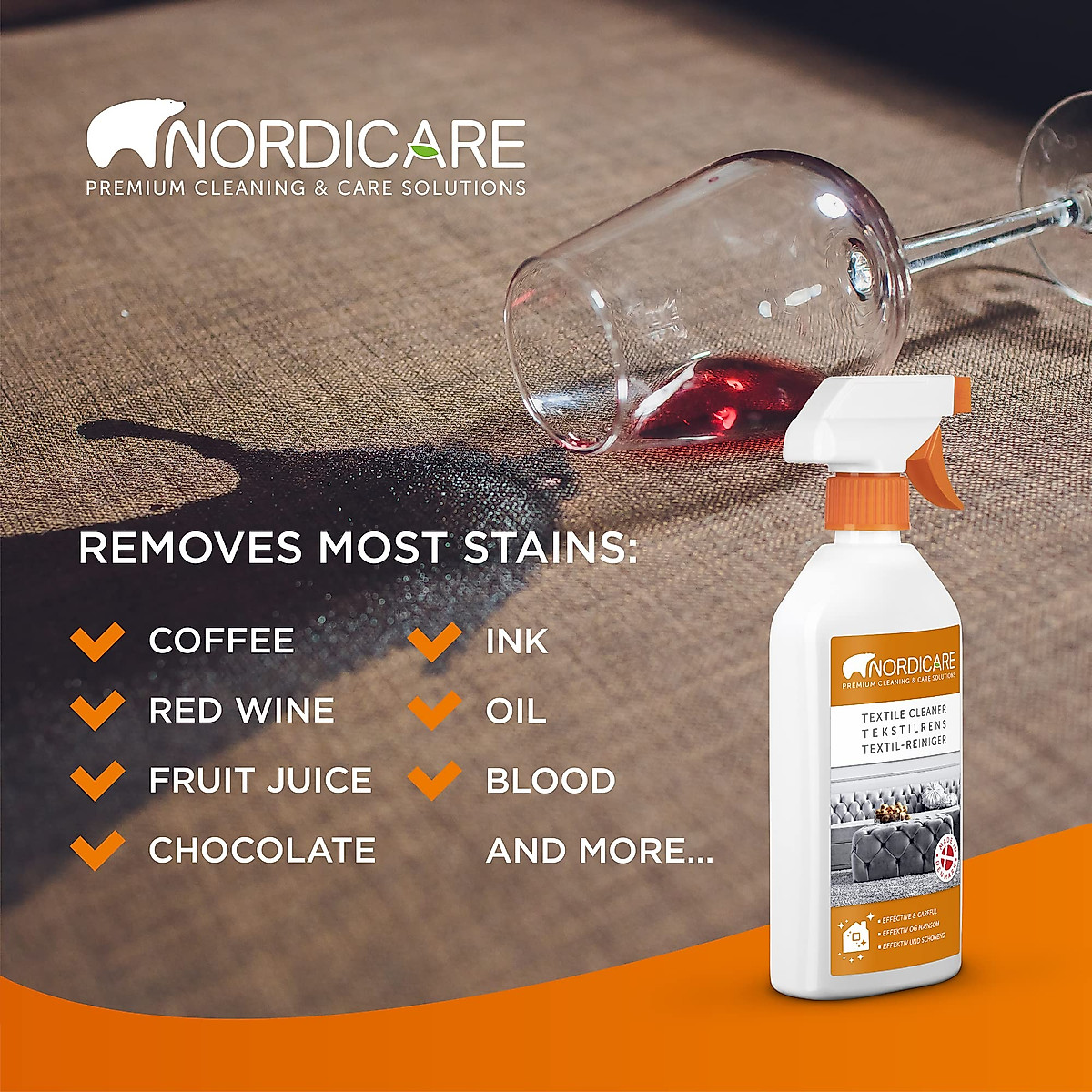 Nordicare Fabric & Carpet Stain Remover Spray 16.9 oz - Spot & Stain Remover, Upholstery Cleaner, Fabric Cleaner for all Type of Fabrics, Textiles, Carpet, Cloth, Rugs, Chairs, Sofas-Made in Denmark