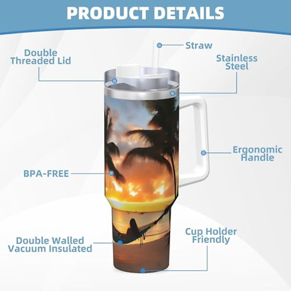 HULIBIN Coconut Beach Sunset Hammock Print Double Deck Stainless Steel Travel Coffee Cup With Lid 40 Oz Ice Bully Cup