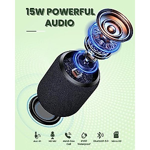 Bluetooth Speakers,Portable Wireless Speaker with 15W Stereo Sound, Active Extra Bass, IPX6 Waterproof Shower Speaker, Double Pairing, for Party, Home Theater, Game Theater