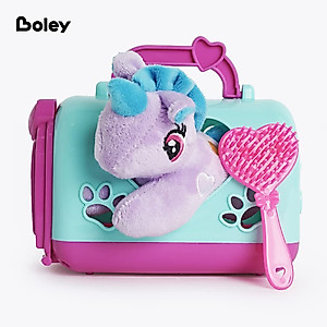 Boley Unicorn Plushie Set - 4 Pc Plush Toy Kit with Purple Unicorn Stuffed Animal, Portable Light Blue Play Cage, Pink Brush and Comb - Soft, Cuddly Toy for Kids, Ages 3+