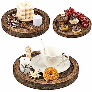 3 Pcs Rustic Wooden Serving Tray Candle Holder Round Wood Butler Decorative Tray Vintage Centerpiece Farmhouse Ottoman Tray for Kitchen Countertop Home Decor Coffee Table Wedding, 3 Sizes (Brown)