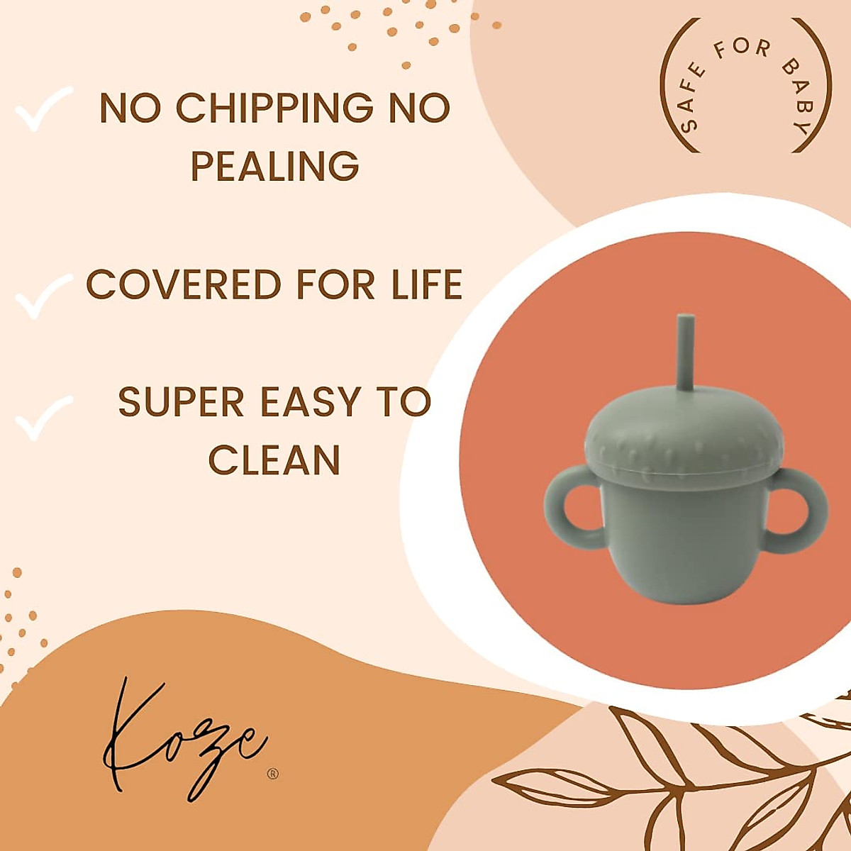 KOZE Toddler Baby Silicone Sippy Cup w Straw | Training Cup, Unbreakable 100% Silicone, Dishwasher Safe, BPA Free, 6 oz, Baby 6+ months Transition | 2-in-1 Acorn BONUS Snack Top!