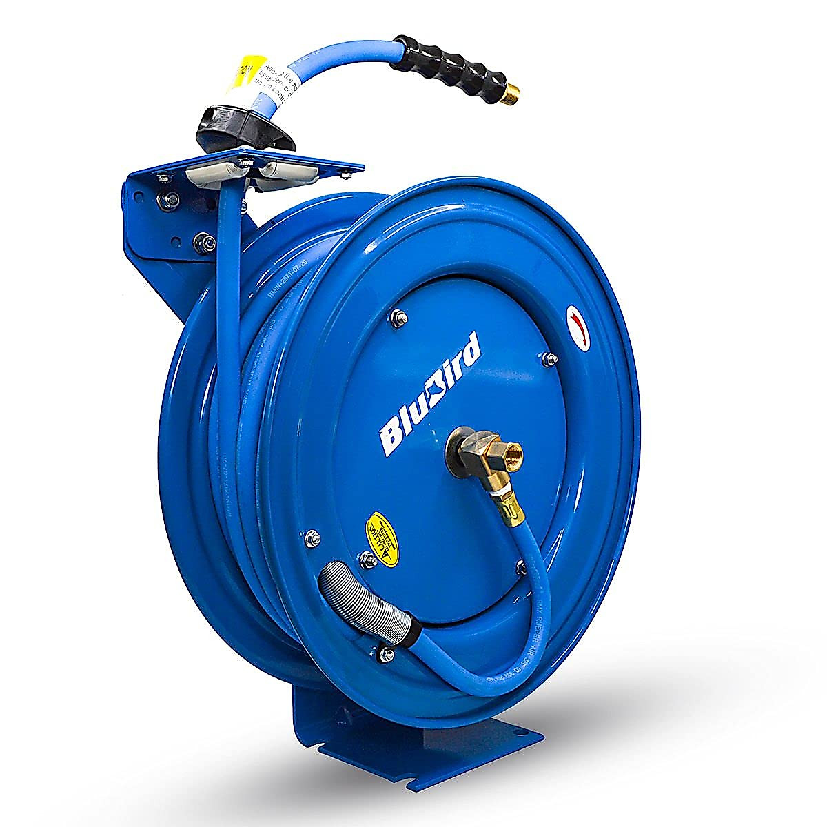 BLUBIRD BBR1265 18ga. Retractable Hose Reel with 1/2" x 65' Air Hose, 12 Point Ratcheting Gear, Next-Gen Rubber, Lightest, Strongest, Most Flexible, 300 PSI, 50F to 190F Degrees, Polyester Braided