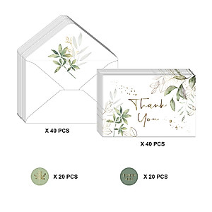 BRT Bearingshui Greenery Thank You Cards with Envelopes and stickers Total 40PK, 4x6 Inches Baby Shower Thank You Cards Bridal Shower Thank You Cards Birthday Wedding Blank Notes Thank you Cards