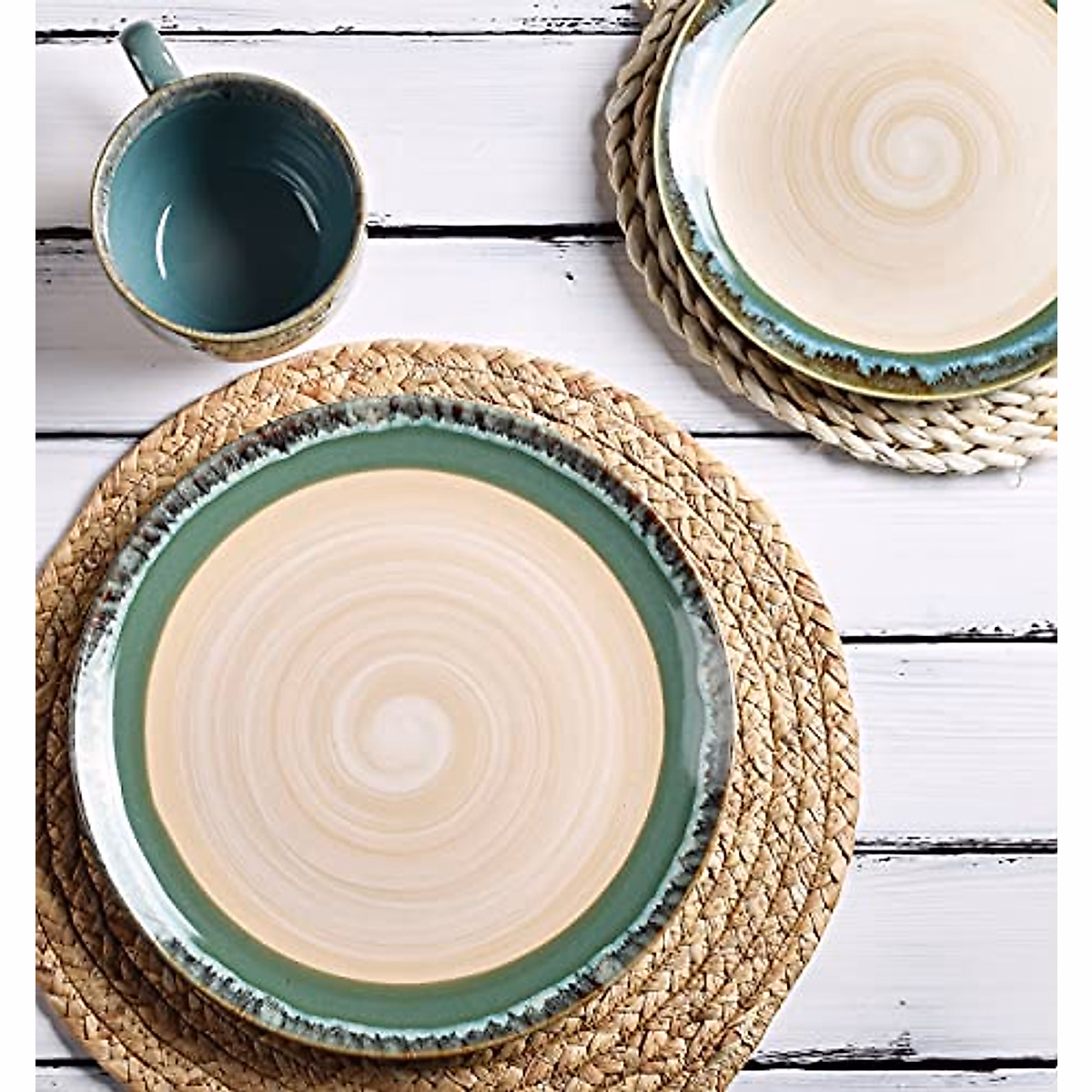 Bosmarlin Stoneware Dinnerware Set, Ceramic Bowls and Plates Set, Service for 4, 12 Piece, Microwave and Dishwasher Safe, Reactive Glaze (Turquoise green)