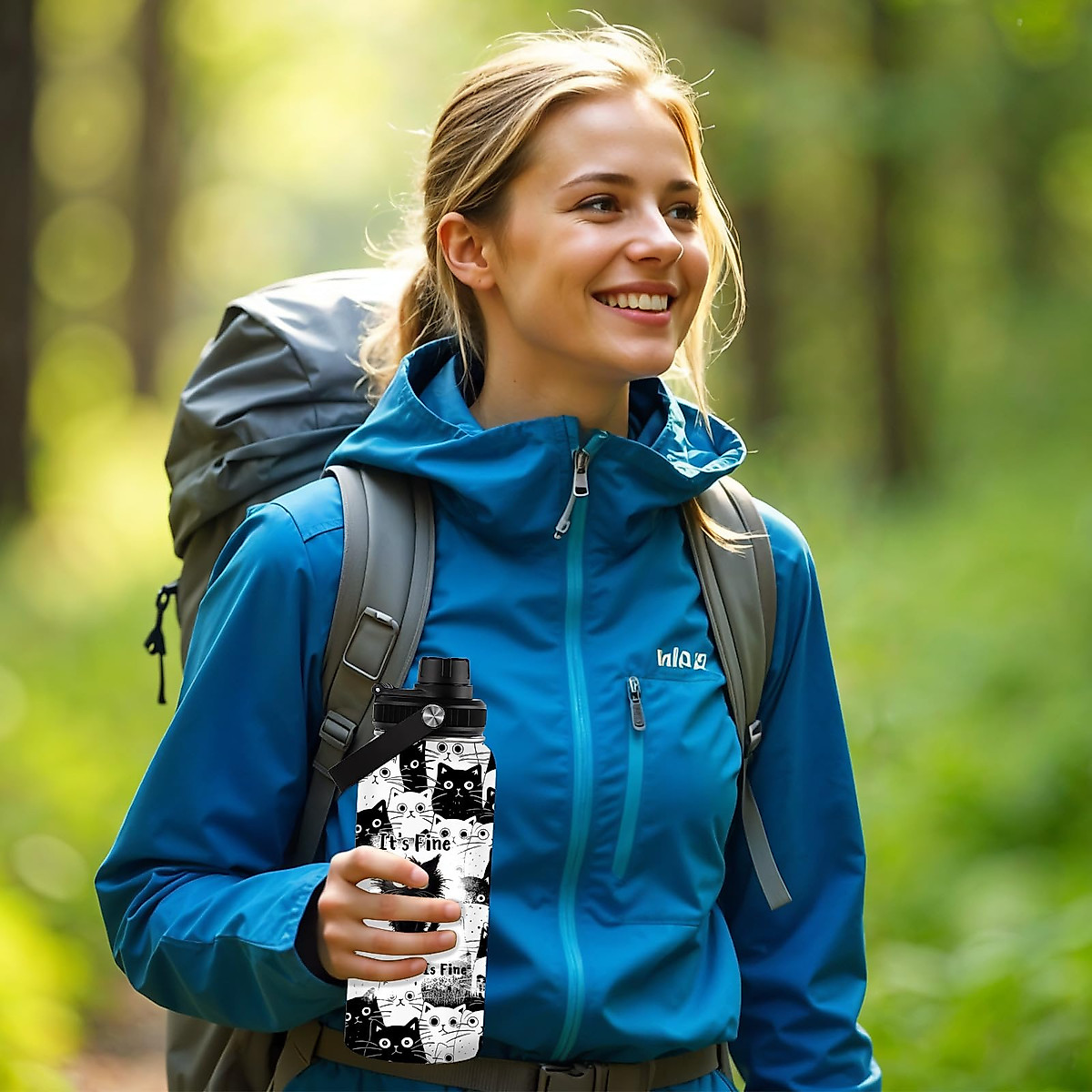 WWHSAI Cat Lover Gifts, Everything Is Fine I'm Fine Black Cats Water Bottle Travel Tumbler 32Oz, Christmas Birthday Gift for Cats Lovers Women Cup Cute Cat Themed Stuff Funny Coffee Mugs