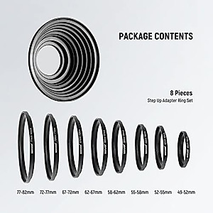 NEEWER 8PCS Step Up Rings Filter Adapter, 49-52mm, 52-55mm, 55-58mm, 58-62mm, 62-67mm, 67-72mm, 72-77mm, 77-82mm Threaded Premium Anodized Aluminum Frame