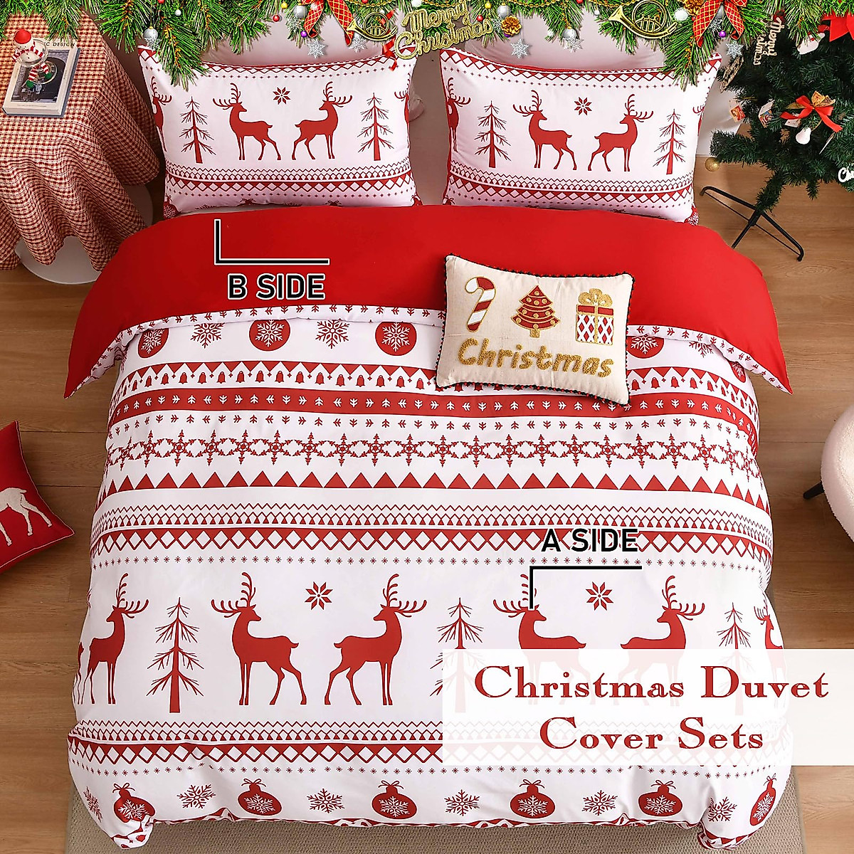 WONGS BEDDING Christmas Duvet Cover Set King Size,3 Pieces Reversible Red Elk Snowflake Pattern Decor Bedding Duvet Cover with Zipper Closure for New Year Holiday, Soft Microfiber Bedding Set 104"x90"
