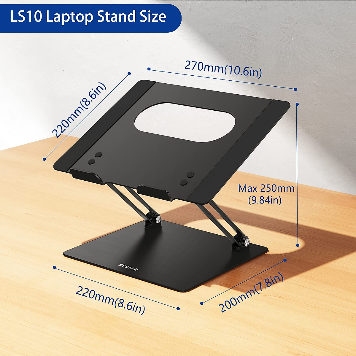 BESIGN LS10 Aluminum Laptop Stand, Ergonomic Adjustable Notebook Stand, Riser Holder Computer Stand Compatible with Air, Pro, Dell, HP, Lenovo More 10-14" Laptops, Black