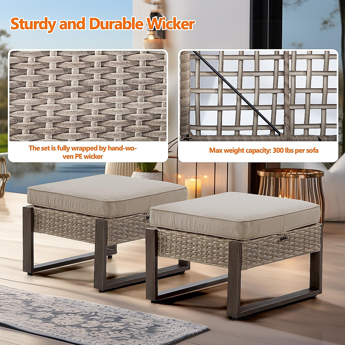 Joyside Patio Ottomans Outdoor Foot Rest-All Weather PE Rattan Ottomans Footstools with Removable Cushions & Anti-Rust Wood-Looking Legs for Garden Backyard Porch Deck (Beige)