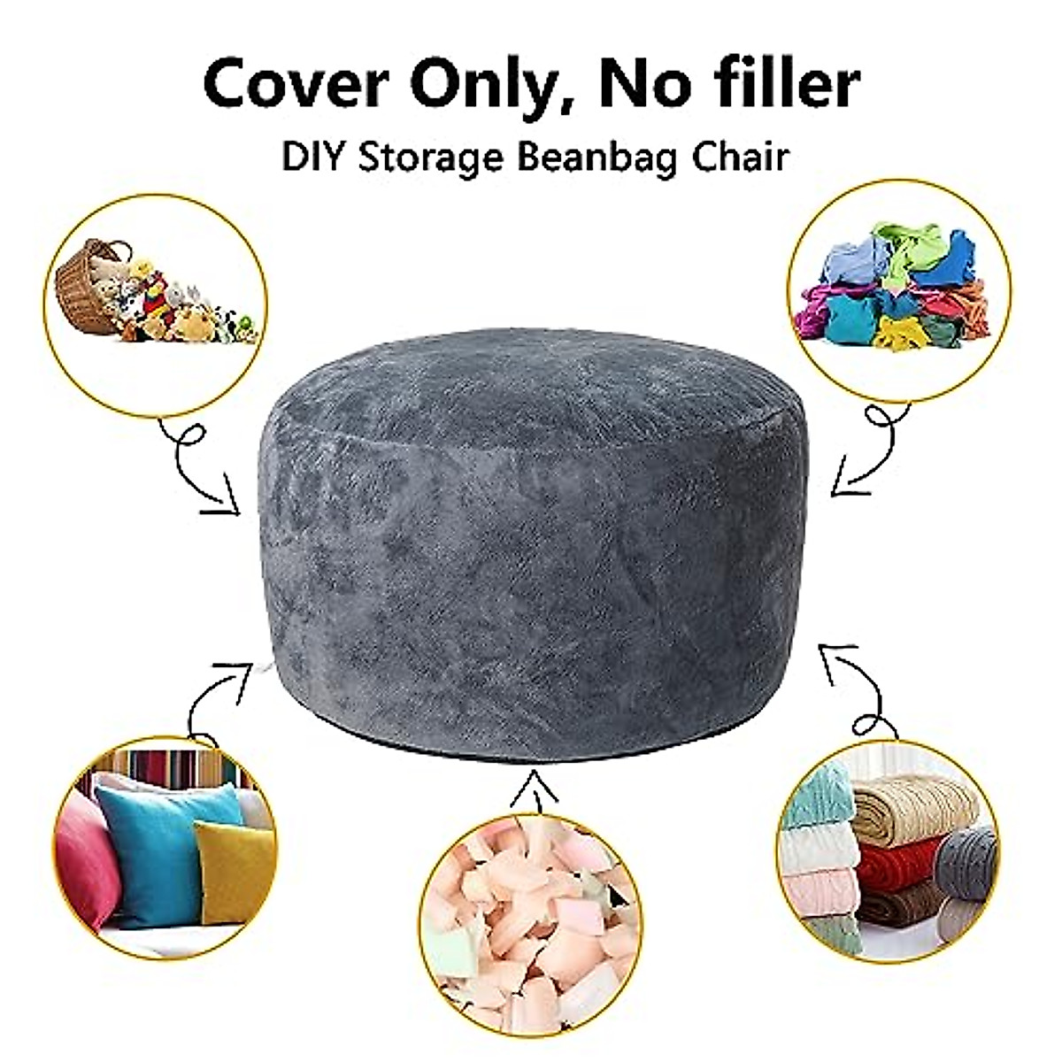 Bean Bag Chair Cover (No Filler), Adult Beanbag Chair Outside Cover Big Round Soft Fluffy Faux Fur Beanbag Lazy Sofa Bed Cover (Grey,4FT)