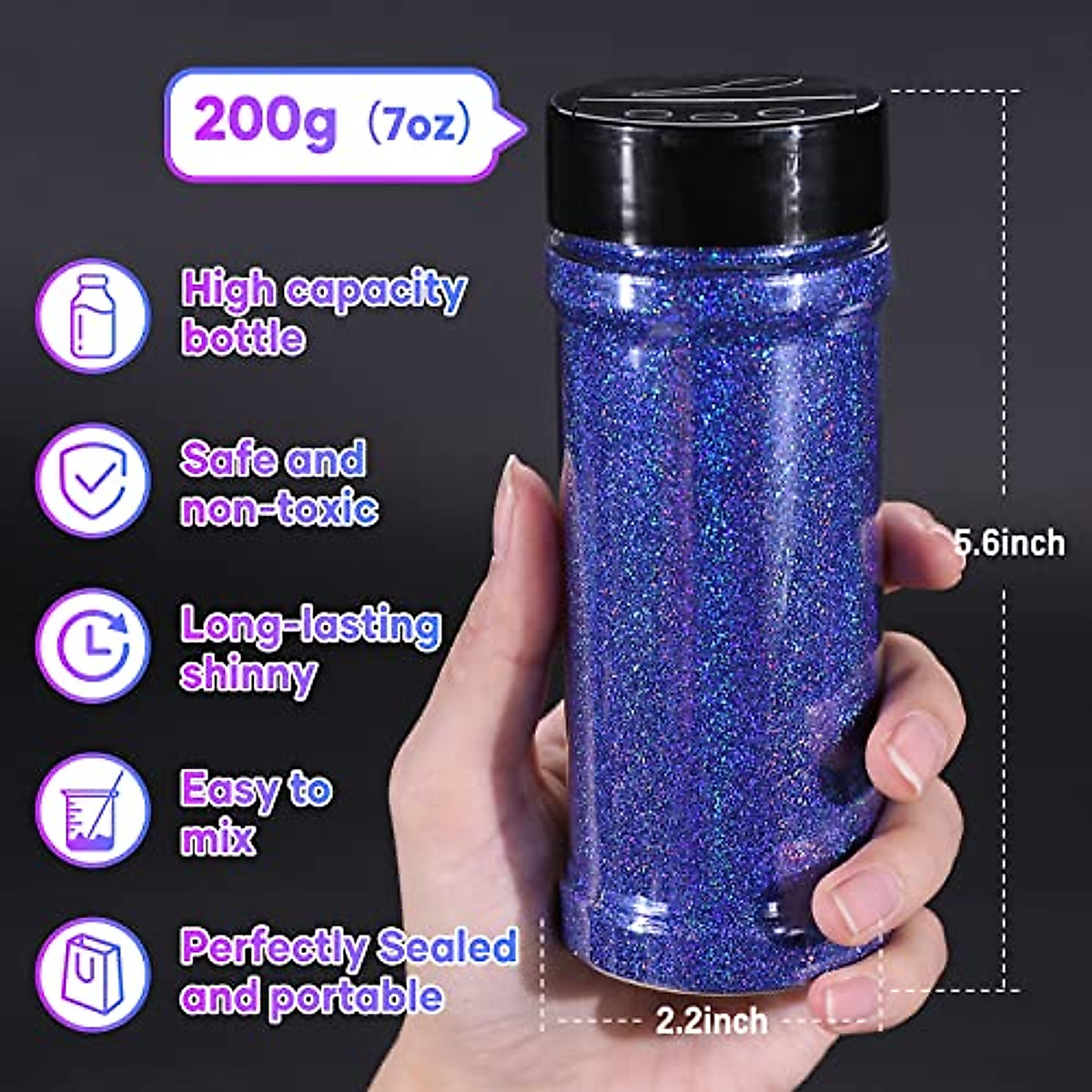 HTVRONT Holographic Extra Fine Glitter - 200g/7oz Royal Blue Glitter for Crafts, 0.2mm Ultra Fine Glitter for Resin, Iridescent Glitter Powder for Nails, Tumblers, Cosmetic, Craft Glitter Shaker Jar