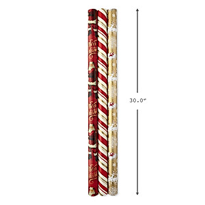 Hallmark Christmas Reversible Wrapping Paper, Classic (Pack of 3, 120 sq. ft. ttl) Red and Gold Snowflakes, Stripes, Plaid, Santa's Sleigh