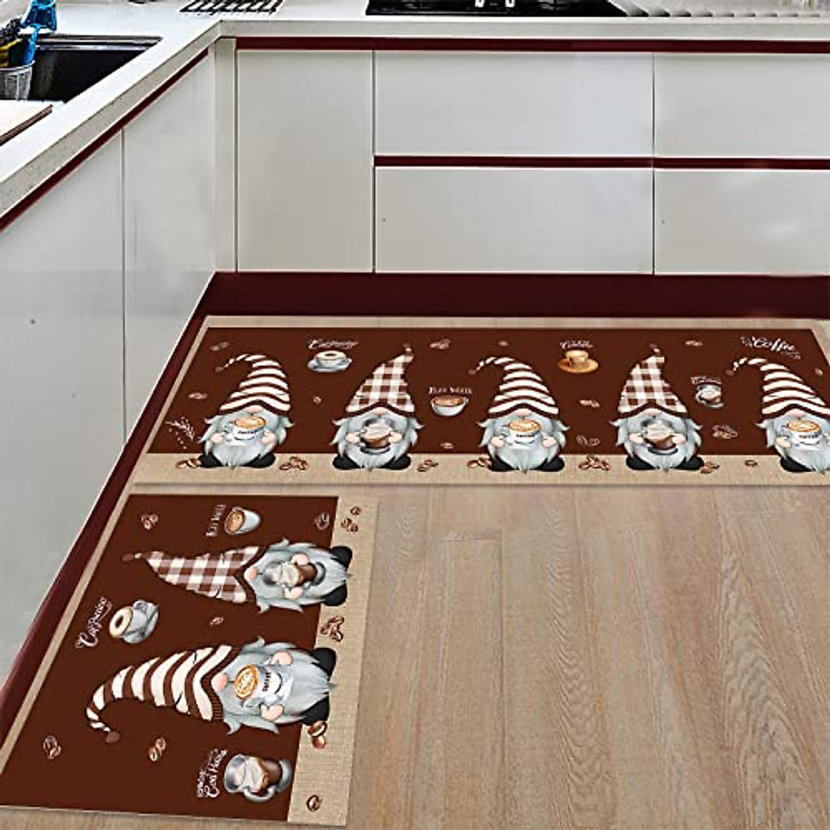 Coffee Gnomes Kitchen Mat Set 2 Piece Kitchen Rugs, Farmhouse Brown Coffee Beans Soft Non-Slip Rubber Backing Floor Mats Doormat Bathroom Runner Area Rug Carpet, 19.7x31.5in + 19.7x47.2in