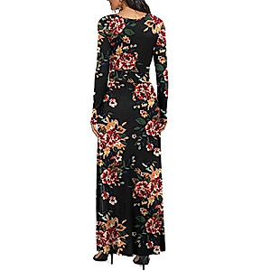 LILBETTER Womens Long Sleeve V-Neck Wrap Waist Maxi Dress(F Brown Floral Black X-Large)