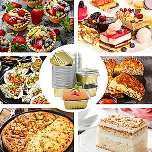 50 Pcs Aluminum Foil Mini Square Baking Cups with Lids,5oz Disposable Ramekins Cake Pans,Cupcake Baking Cups Containers for Bread Muffin Brownie Cheesecake,Gold