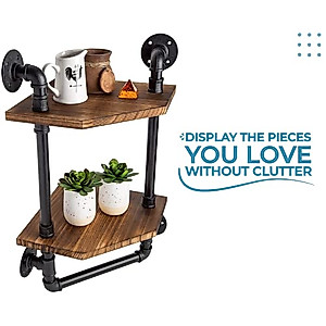 Bathroom Corner Shelf w/ Pipe Towel Bar – Farmhouse Towel Rack Made of Paulownia Wood and Cast Iron, Pipe Rack in Black Matte – Hand Towel Holder for Rustic Décor w/ 2-Tier Shelf - Rustic Brown