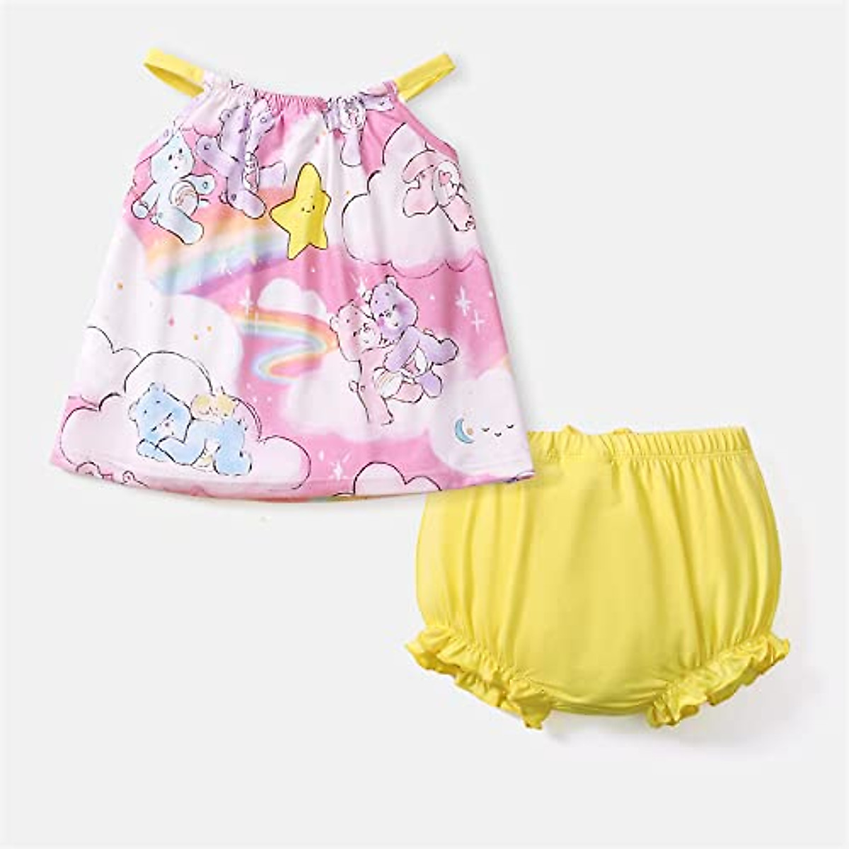 PATPAT Care Bears Baby Girl 2pcs Outfit Bear Print Cami Top and Solid Cotton Shorts Set Toddler Girl Cute Clothes Yellow 12-18 Months