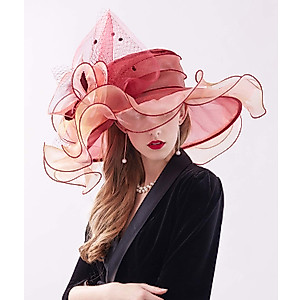 Z&X Women's Organza Church Fascinator Hair Clip Bridal Wedding Tea Party Hat Wide Brim Anti-UV Sun Hat Coral Red