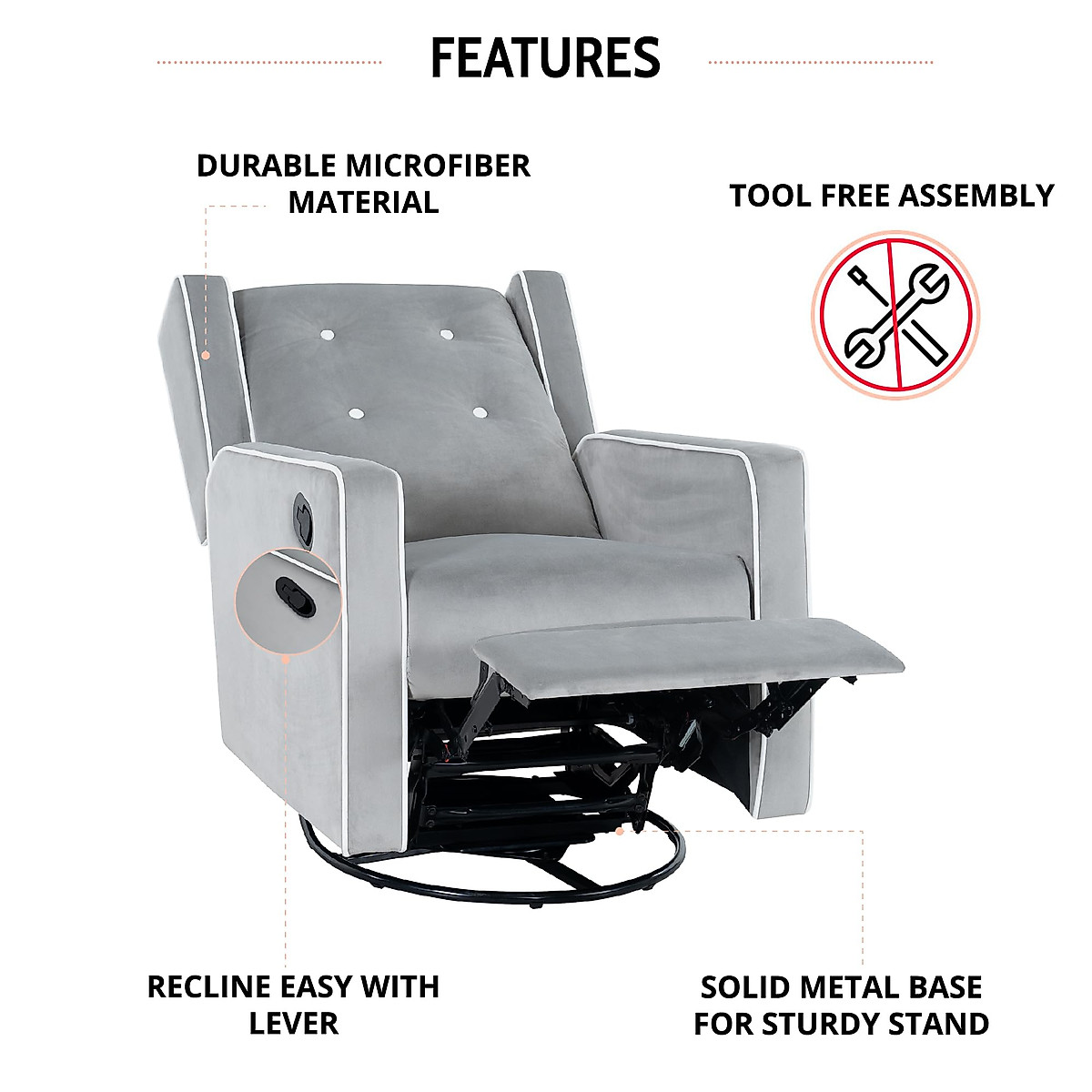 Bond with Your Baby, Relax in Style with Odelia 360° Swivel Glider Rocker Recliner, Nursery Chair with Manual Puller, Plush Cushioning, Soothing Rocking Motion with Microfiber Fabric - Light Gray