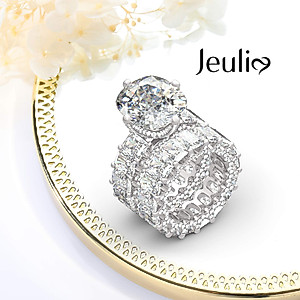 Jeulia Cushion Cut Three Sided Pave Sterling Silver Eternity Ring Cubic Zirconia Art Deco Halo Wedding Engagement Anniversary Rings Set (silver, 9.5)