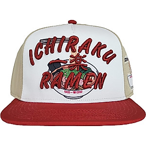 Naruto Shippuden Ichiraku Ramen Icon Hiden Leaf Village 5 Panel Structured Adjustable Adult Unisex Red and White Flat Bill Snapback Hat