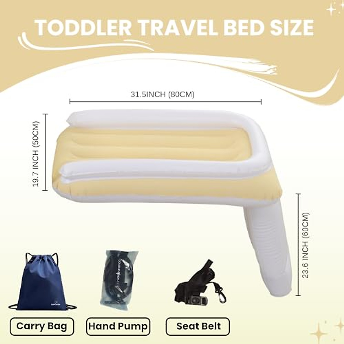 Gembebe Safe and Convenient Traveling with Inflatable Toddler Airplane Bed - Includes Hand Pump, Equipped with Seat Belt, Comes with Carry Bag, BPA-Free Material, Perfect for Airplane Travel (Yellow)