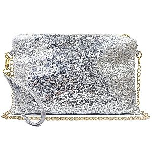 VINMEN Sparkling Glitter Sequins Evening Crossbody Clutch Bride Purse for Party Bling Handbag for Wedding (Silver)