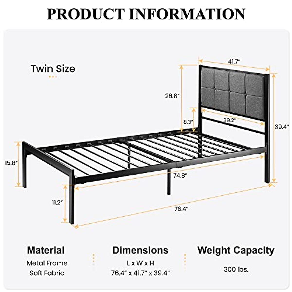 SHA CERLIN Twin Size Bed Frame with Upholstered Headboard, Platform Bed Frame with Metal Slats, Button Tufted Square Stitched Headboard, Noise Free, No Box Spring Needed, Easy Assembly, Dark Grey
