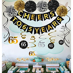 Famoby 65th Birthday Party Decorations Set- Gold Glittery Cheers to 65 Years Banner,Poms,12Pcs Sparkling 65 Hanging Swirls for 65th Birthday Decorations 65 Years Old Party Supplies