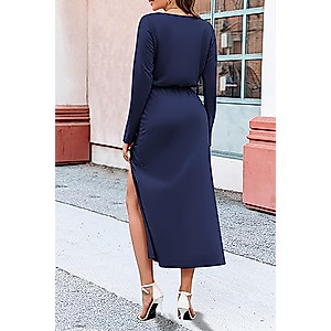 ULTRANICE 2023 Long Sleeve Dress for Women Navy Casual Fall Winter Slit Maxi Dresses(Navy,L)