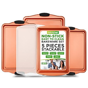 NutriChef 5-Piece Baking Pans Set - Stackable Cookie Sheets & Roasting Pan w/ Lid - Convenient Sizes for Cooking & Baking, Includes Built-in Silicone Handles - Easy to Clean, Copper
