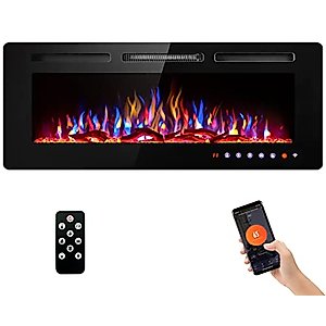 SUNNY FLAME 50" Electric Fireplace with Wi-Fi/Remote Control Wall Mounted and Recessed, Low Noise Fireplace with Timer, Touch Screen, Adjustable Flame Color and Speed, 750W/1500W, Log Set & Crystal
