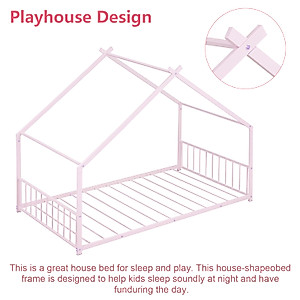 Lakifun Twin Size Floor House Bed for Kids,Metal Floor Bed Frame Montessori Bed with Roof and Guardrails,Twin Low House Bed Playhouse Bed for Children Girls and Boys, Pink(Enclude Bed Slats)