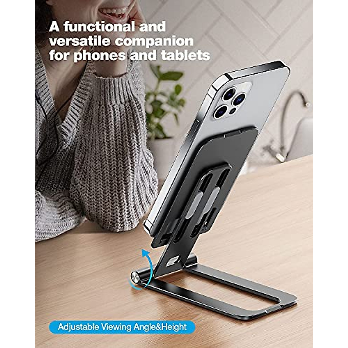 MEISO Cell Phone Stand, Fully Foldable Phone Holder for Desk, Desktop Mobile Phone Cradle Dock Compatible with iPhone, Samsung Galaxy, iPad Mini, Tablets Up to 10” (Black)