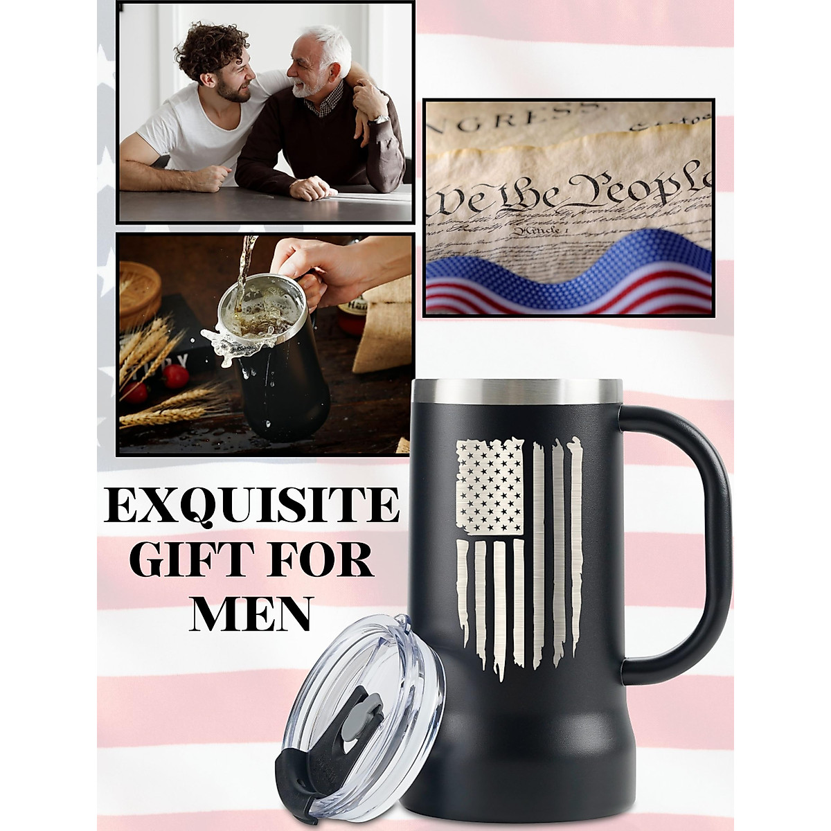 Onebttl Gifts for Men, American Citizenship Gifts for for Dad, Grandpa, Uncle, Brother, Boyriend, Husband, Stainless Steel Beer Stein Tumbler, 24oz Beer Mug with Lid