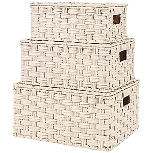 GRANNY SAYS Wicker Storage Baskets with Lids, Set of 3 Decorative Storage Boxes, Woven Baskets for Storage, Baskets for Organizing, Nesting Woven Basket for Shelves, Butter Milk, 3-Pack
