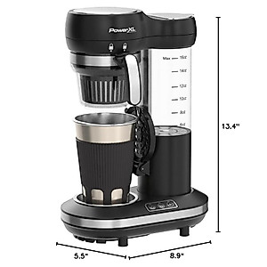 PowerXL Grind & Go, Automatic Single Serve Coffee Maker with Grinder Built-in and 16 oz. Travel Mug, Single Cup Drip Coffee Machine, Stainless Steel Blades, CL-004, Black