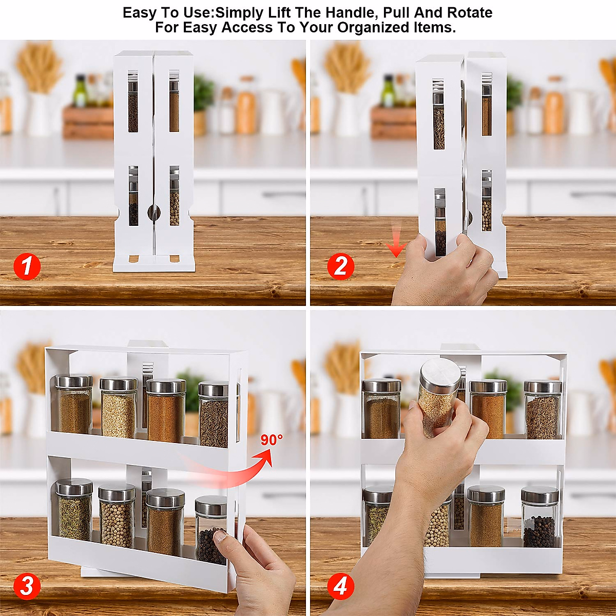 Rotating Spice Rack Plastic Seasoning Spice Jar Rack Storage 2 Tier Pull Out Kitchen Cabinet Organiser Slide Salt Bottle Box Holder Shelf Counter Spice Stand Multi-Function Pantry Door Storage - White