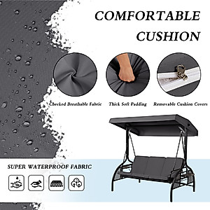 Grepatio Outdoor Porch Swing with Canopy, 3 Person Patio Porch Swing Chairs with Stand, Porch Bed Swing with Removable Cushion and Cup Holder for Patio, Garden, Poolside (Gray)