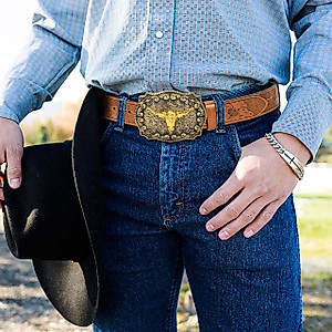 Mealah Men-Women-Western-Cowboy-Belt PU-Leather Floral Engraved-Bull-Buckle-Belts for Jeans (for 25" to 38" Waist)