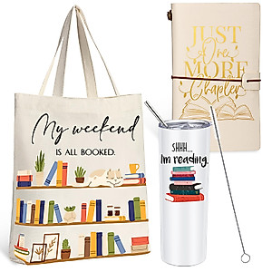 Fuutreo Set of 3 Book Lovers Gifts for Library Lovers' Day Include 20 oz Stainless Steel Tumbler with Lid I'm Reading Library Canvas Tote Bag Leather Journal for Student Teacher Reader Gift