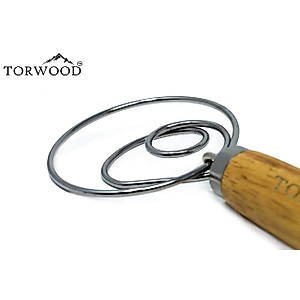 Torwood Danish Dough Whisk Bread Mixer Large 13.5 inches Stainless Steel Wooden Dutch Hook for Baking, Loaves, Pastries and Pizza, comes with a Dough Scraper