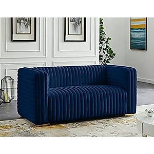 Meridian Furniture 640Navy-L Ravish Collection Modern | Contemporary Velvet Upholstered Loveseat with Deep Channel Tufting + Both Gold & Chrome Legs Included