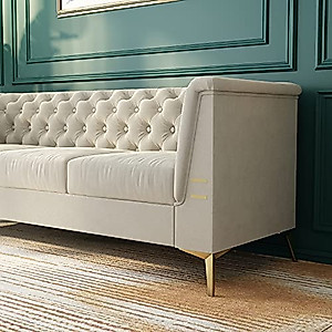MeiBoAll 83" Beige Chesterfield Velvet Sofa Couch Button-Tufted Accenting with Flared Arm&Metal Legs Removable Cushion Seat, Retro Modern Contemporary Chesterfield 3 Seat Sofa for Livingroom Furniture