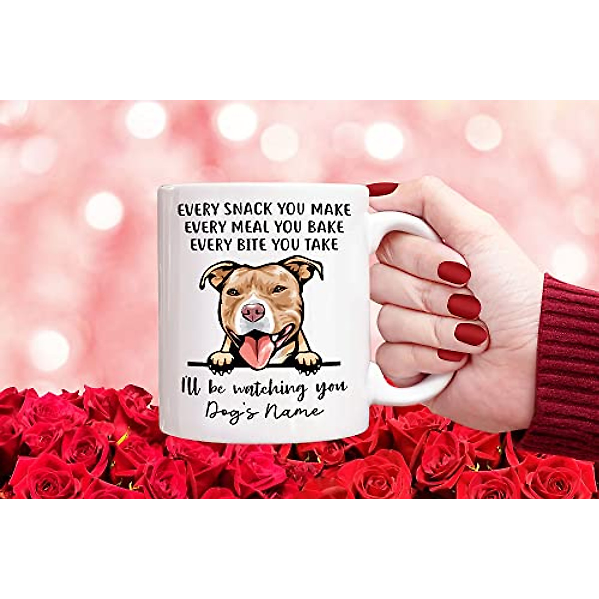 Personalized Red Nose American Pit Bull Coffee Mug, Every Snack You Make I'll Be Watching You, Customized Dog Mugs for Mom Dad, Gifts for Dog Lover, Mothers Day, Fathers Day, Birthday Presents