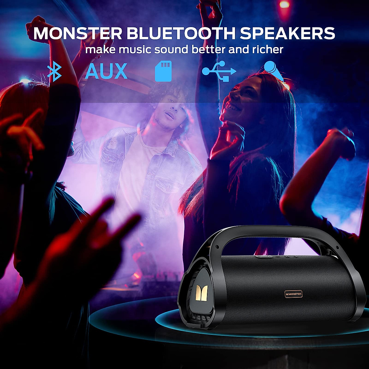 Monster Adventurer Max Bluetooth Speakers, IPX7 Waterproof Outdoor Bluetooth Speakers, Active Extra Bass, Fast Charging, with Microphone, Suitable for Beach, Parties, Gym, Black