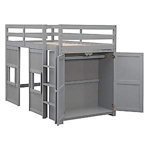 BOVZA Twin Size Loft Bed with Built-in Storage Wardrobe and 2 Windows, Wood Playhouse Loft Bed Frame with High Guard Rails for Kids Boys Girls Teens, Gray