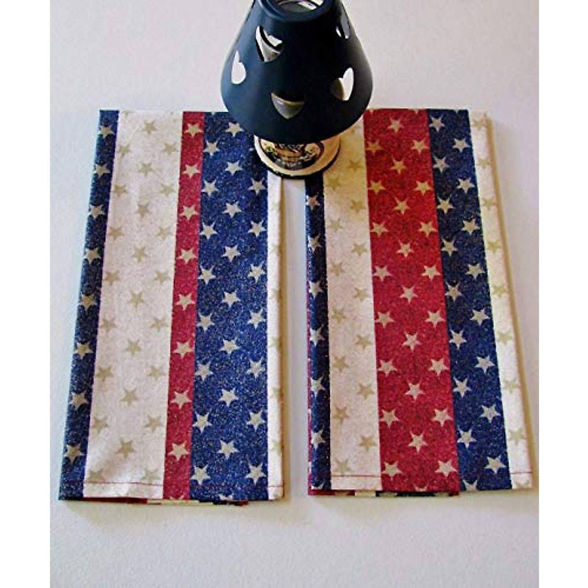 Stars & Stripes Patriotic Tea Towels (Set of 2) Made In USA 28" x 18" Patriotic Red Off-White Blue w/Glitter and Stars 100% Cotton
